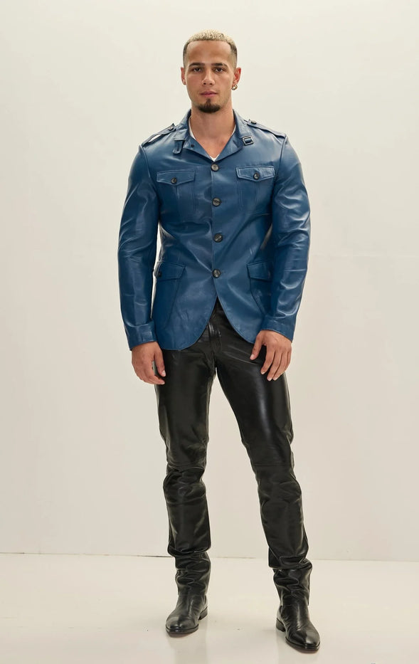 Leather Safari Jacket - Blue - Ron Tomson