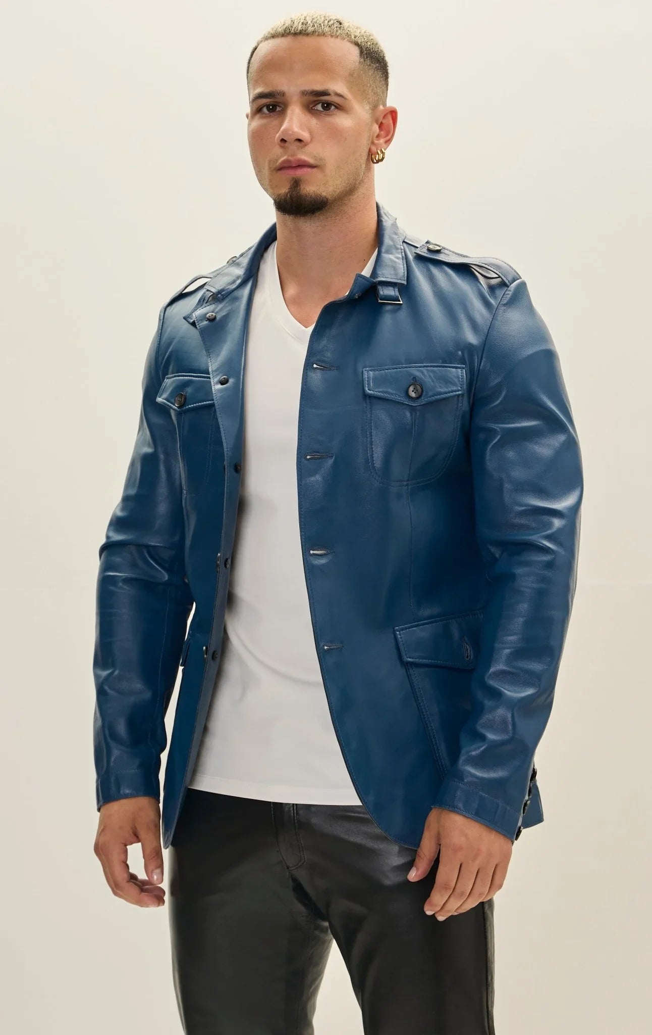 Leather Safari Jacket - Blue - Ron Tomson