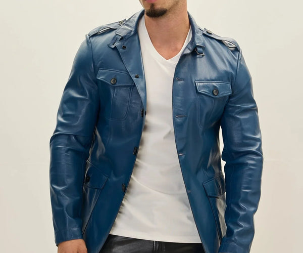 Leather Safari Jacket - Blue - Ron Tomson