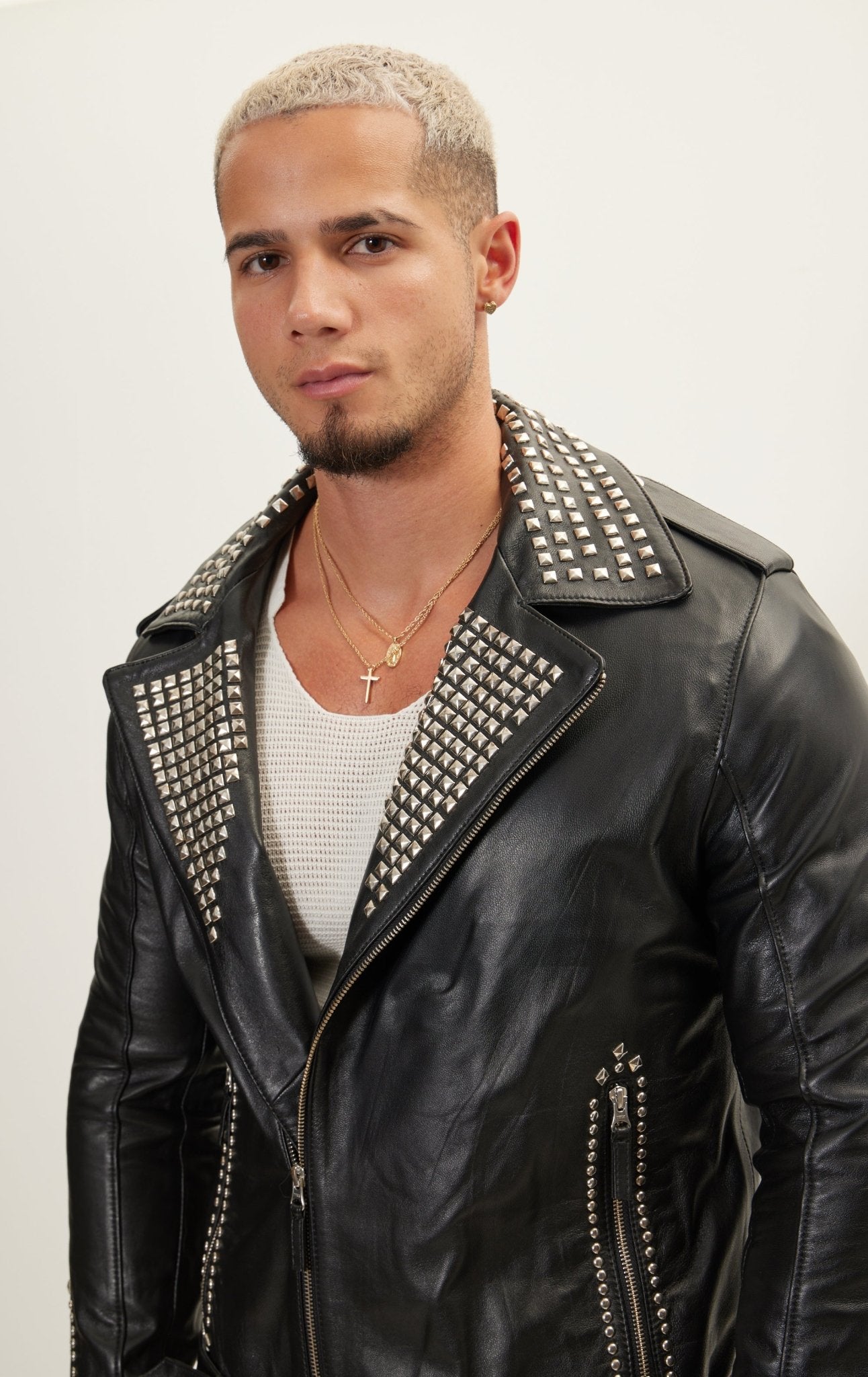 Studded Lambskin Leather Jacket - Black Silver - Ron Tomson
