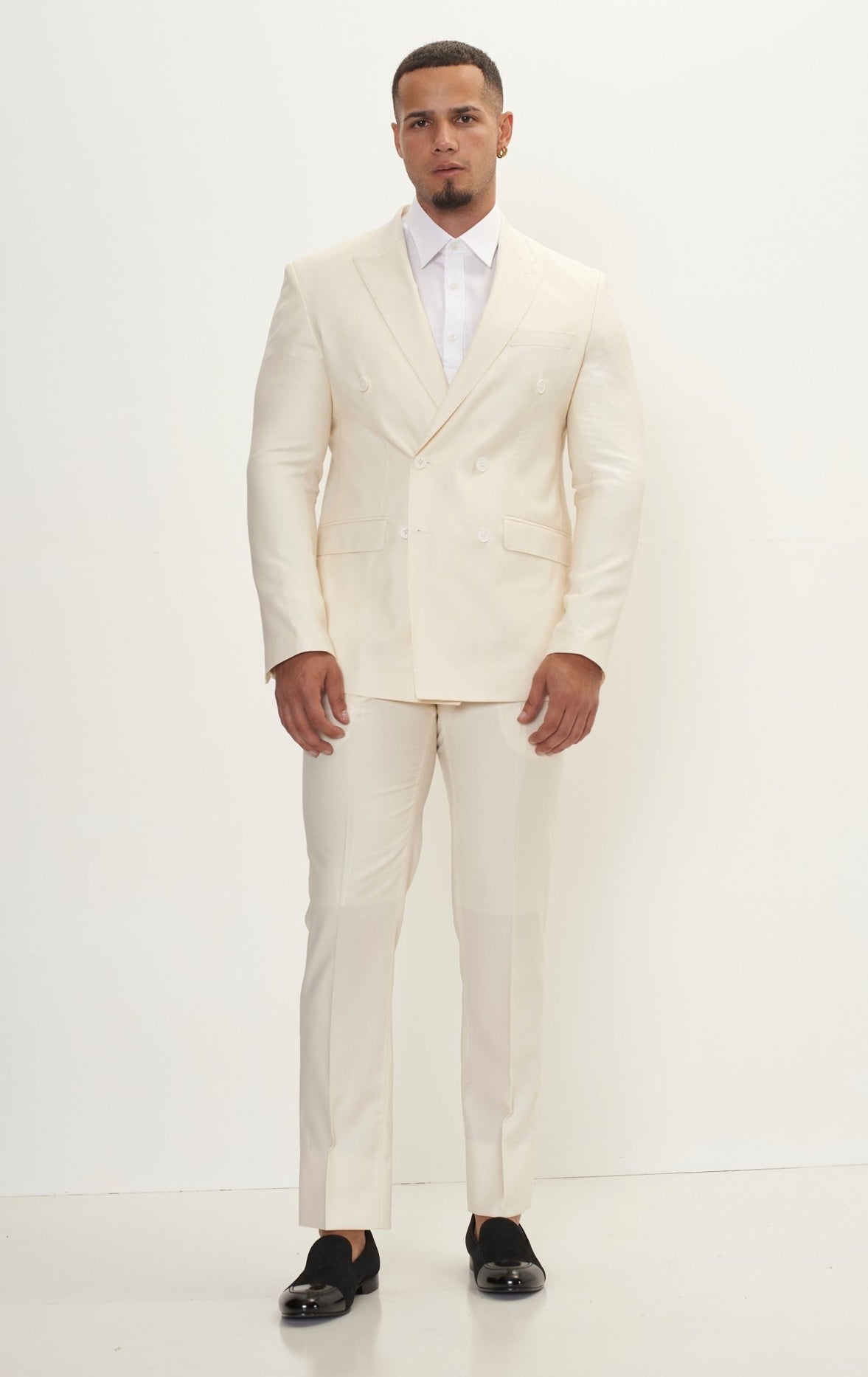 Super 180S Wool and Silk Double Breasted Suit - Off White - Ron Tomson