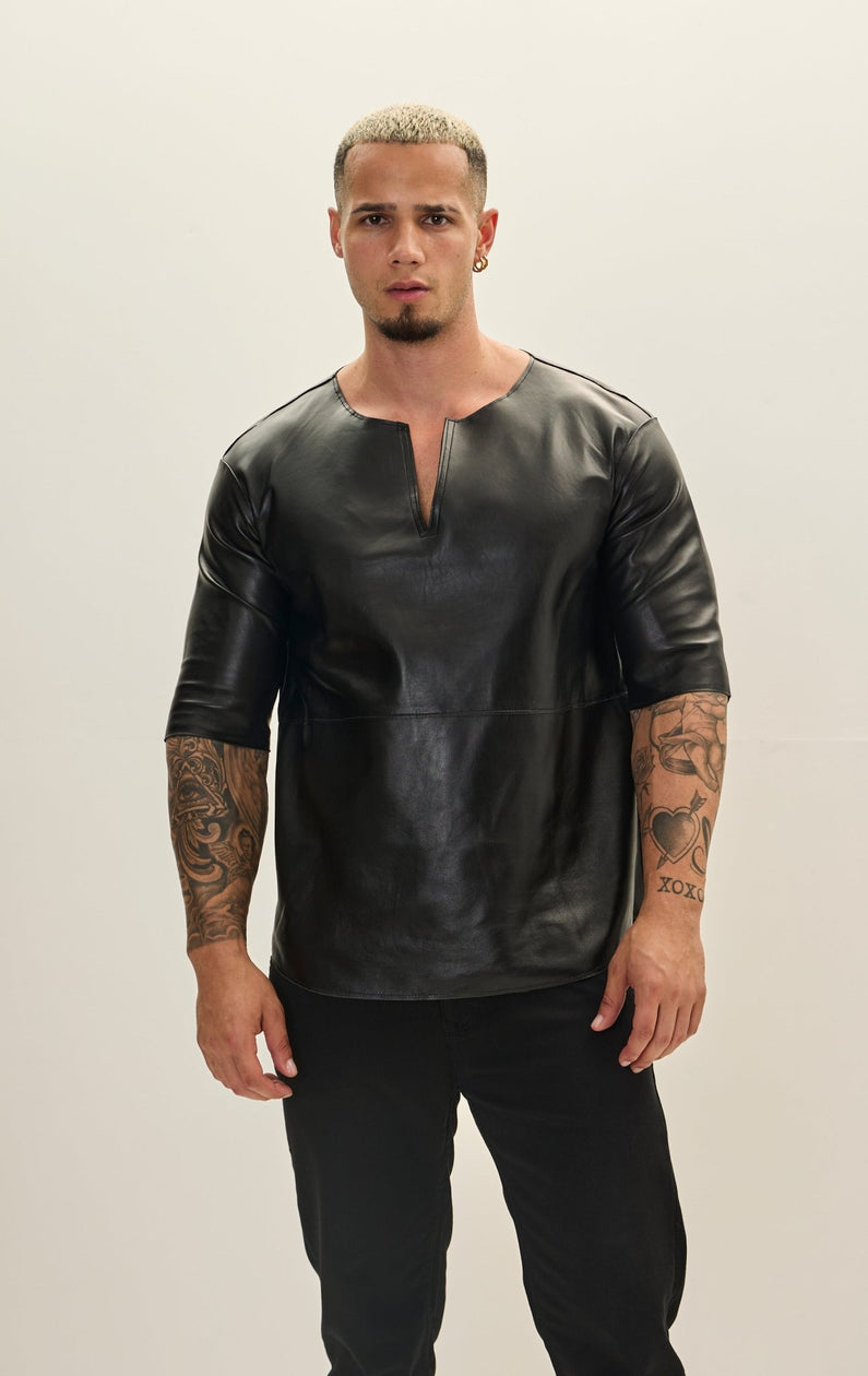 The Lambskin Leather Three Quarter V Neck Shirt - Black - Ron Tomson
